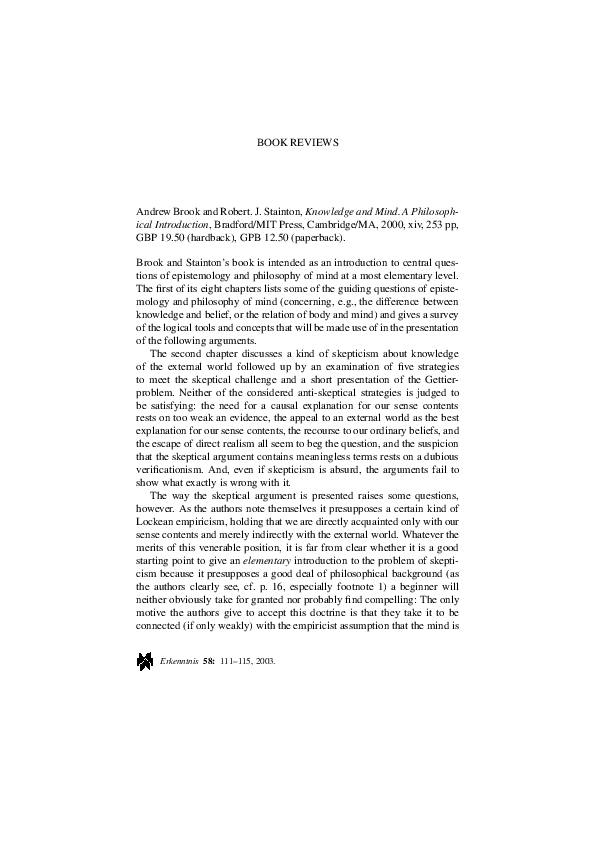 (PDF) Andrew Brook and Robert. J. Stainton, Knowledge and Mind. A ...