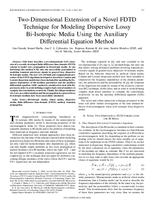 (PDF) Two-dimensional extension of a novel FDTD technique for modeling dispersive lossy bi ...