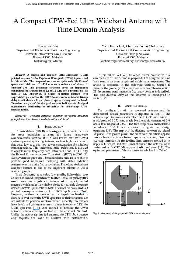 (PDF) A compact CPW-fed ultra wideband antenna with time domain analysis