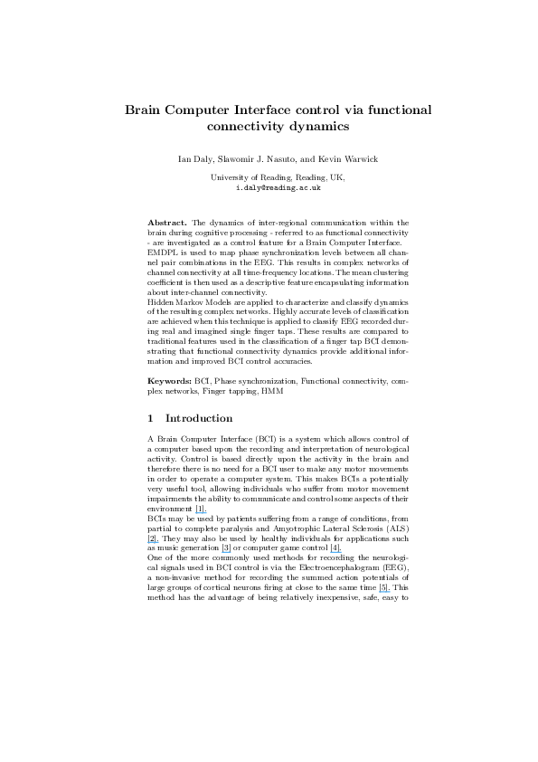 (PDF) Brain computer interface control via functional connectivity dynamics
