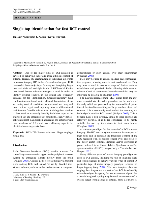 (PDF) Single tap identification for fast BCI control