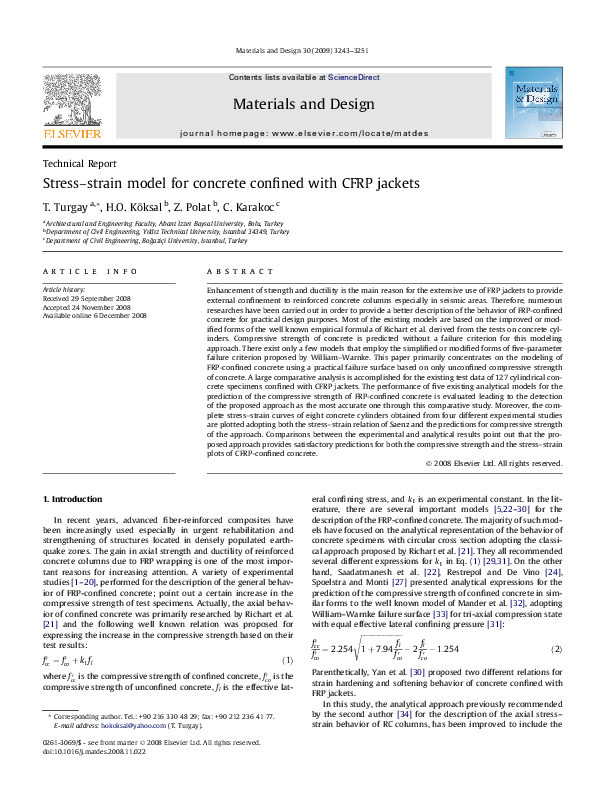 Pdf Stress Strain Model For Concrete Confined With Cfrp Jackets