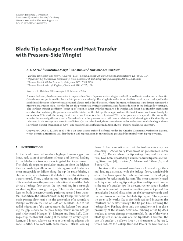 (PDF) Blade tip leakage flow and heat transfer with pressure-side winglet