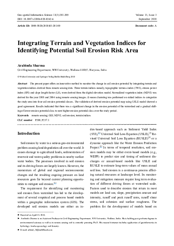 (PDF) Integrating terrain and vegetation indices for identifying potential soil erosion risk area
