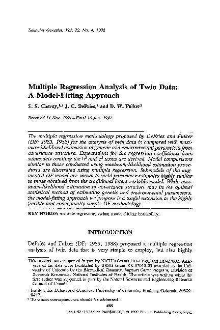 (PDF) Multiple regression analysis of twin data: a model-fitting approach
