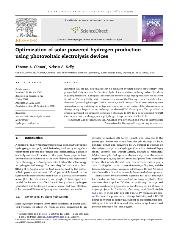 (PDF) Optimization of solar powered hydrogen production using ...