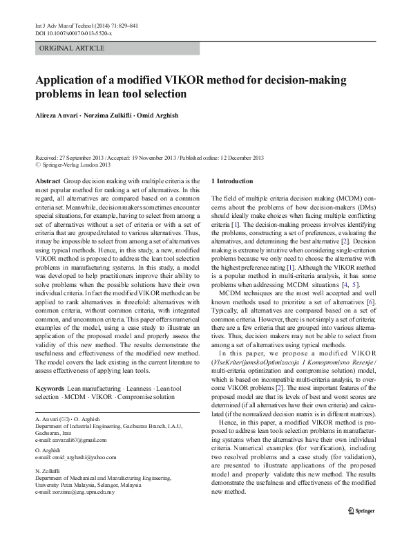 (PDF) Application of a modified VIKOR method for decision-making ...