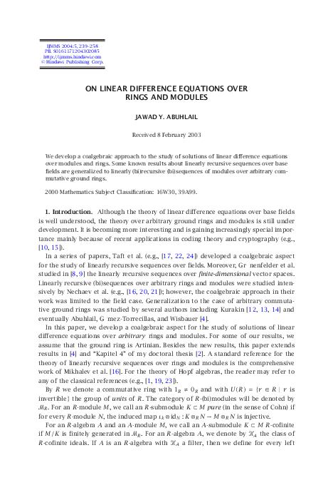 (PDF) On linear difference equations over rings and modules