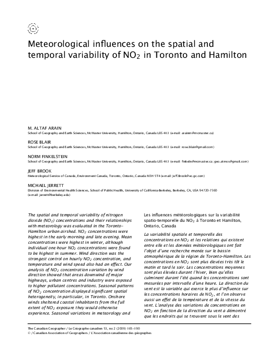 Pdf Meteorological Influences On The Spatial And Temporal Variability Of No 2 In Toronto And