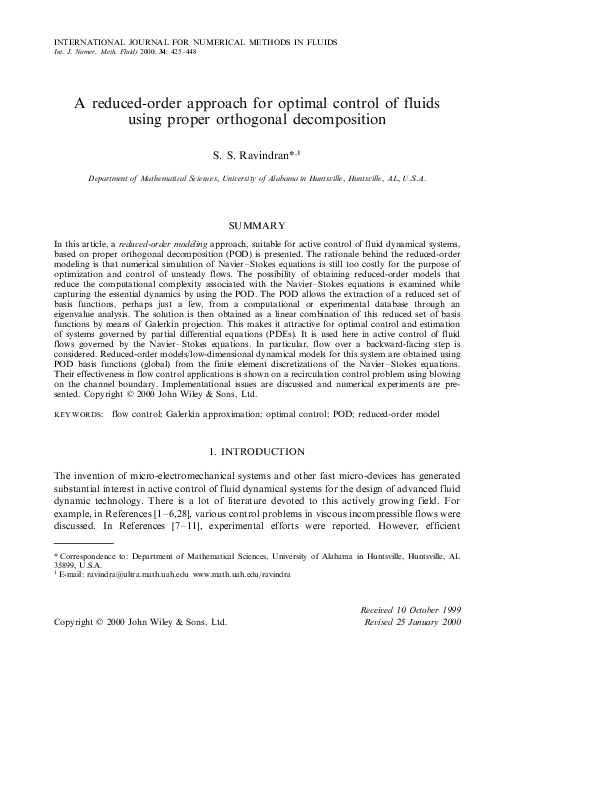 Pdf A Reduced Order Approach For Optimal Control Of Fluids Using Proper Orthogonal Decomposition