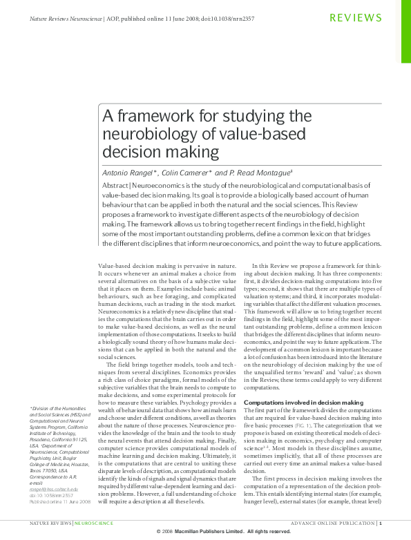 (PDF) A framework for studying the neurobiology of value-based decision ...