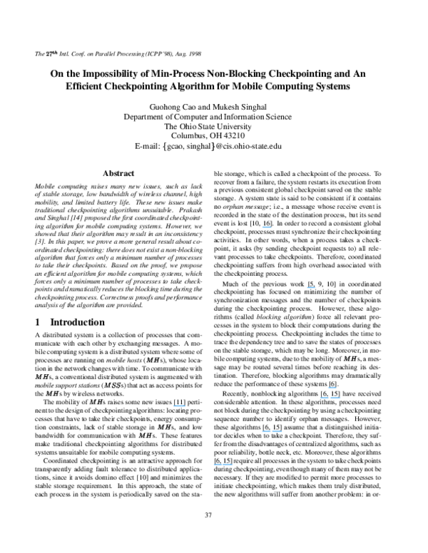 Pdf On The Impossibility Of Min Process Non Blocking Checkpointing And An Efficient