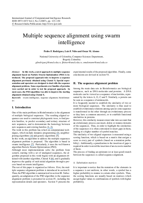 Pdf Multiple Sequence Alignment Using Swarm Intelligence 0379