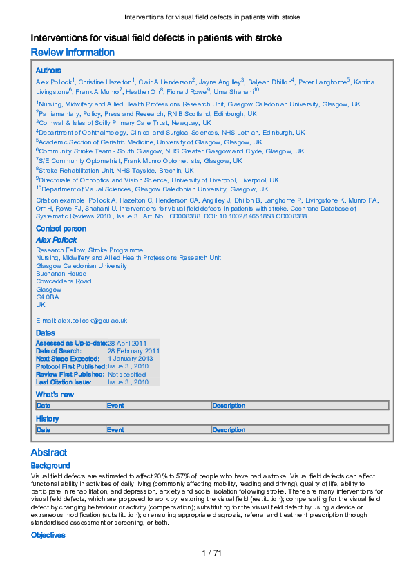 (PDF) Interventions for visual field defects in patients with stroke ...