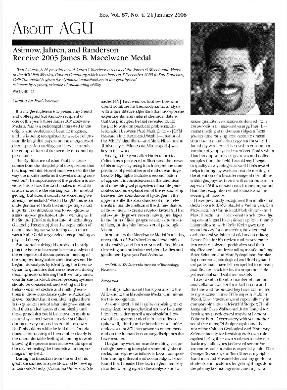 (PDF) Asimow, Jahren, and Randerson Receive 2005 James B. Macelwane ...