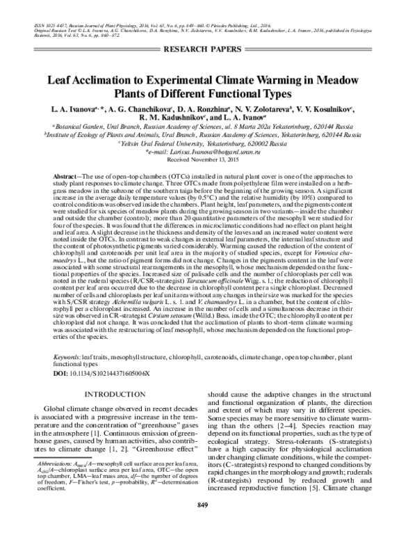 (PDF) Leaf Acclimation to Experimental Climate Warming in Meadow Plants ...