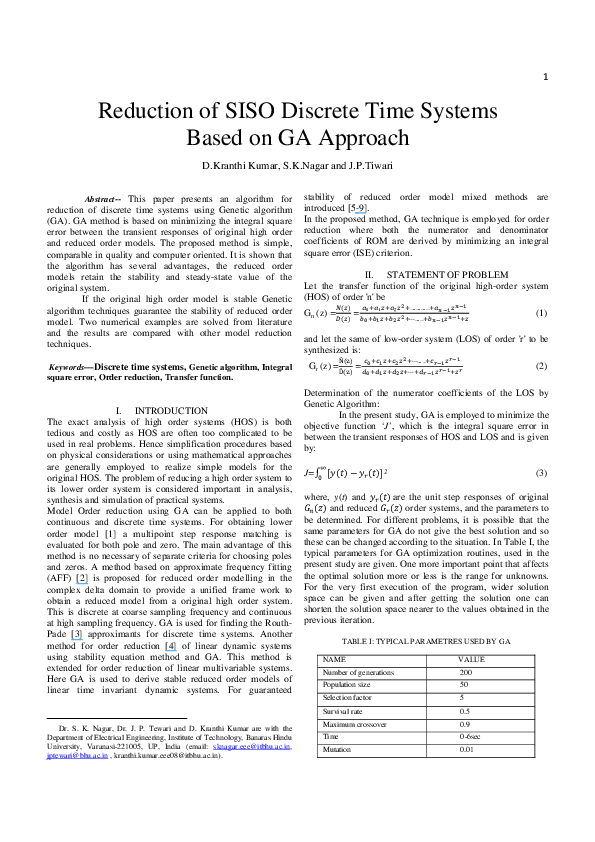 Pdf Reduction Of Siso Discrete Time Systems Based On Ga Approach