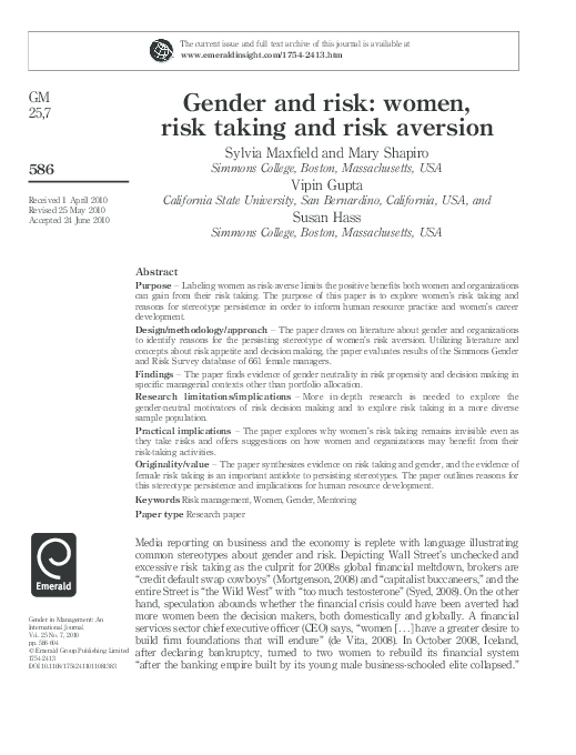 (PDF) Gender and risk: women, risk taking and risk aversion