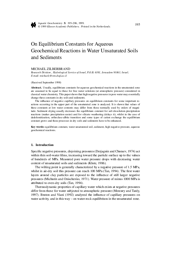 (PDF) On Equilibrium Constants for Aqueous Geochemical Reactions in Water Unsaturated Soils and ...