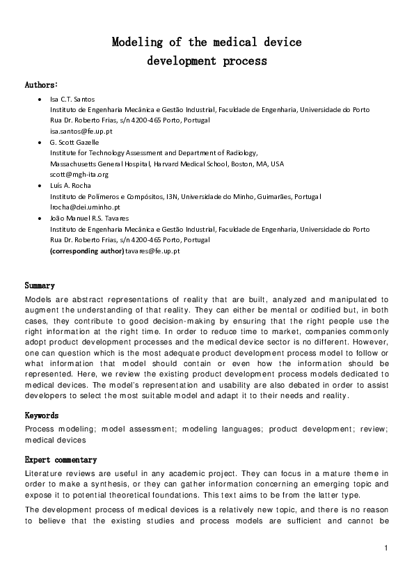 (PDF) Modeling of the medical device development process