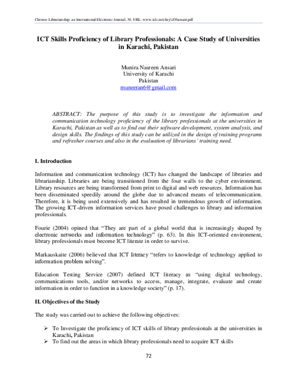 (PDF) ICT Skills Proficiency of Library Professionals: A Case Study of ...
