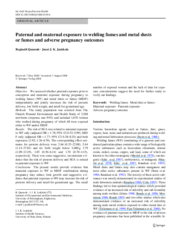 (PDF) Paternal and maternal exposure to welding fumes and metal dusts ...