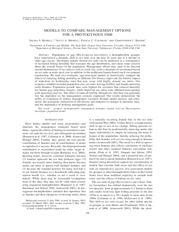 (PDF) Models To Compare Management Options For A Protogynous Fish