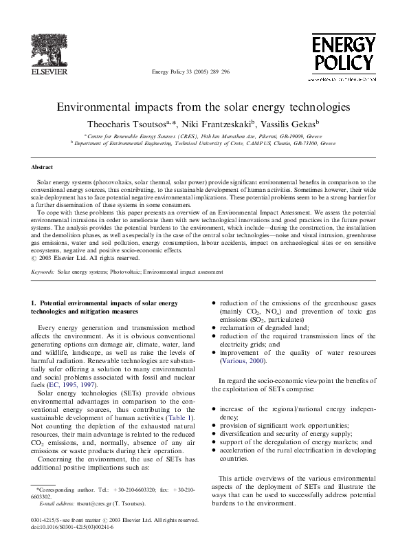 (PDF) Environmental impacts from the solar energy technologies