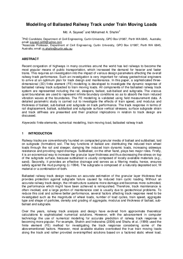 (PDF) Modelling of Ballasted Railway Track under Train Moving Loads