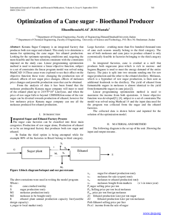 (PDF) Optimization of a Cane sugar -Bioethanol Producer
