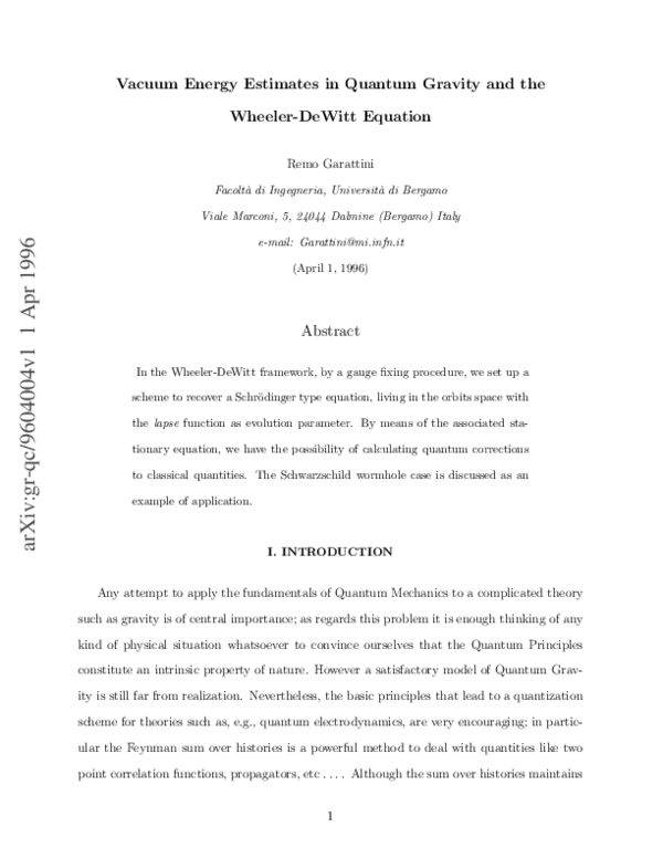 (PDF) Vacuum Energy Estimates in Quantum Gravity and the Wheeler-DeWitt ...