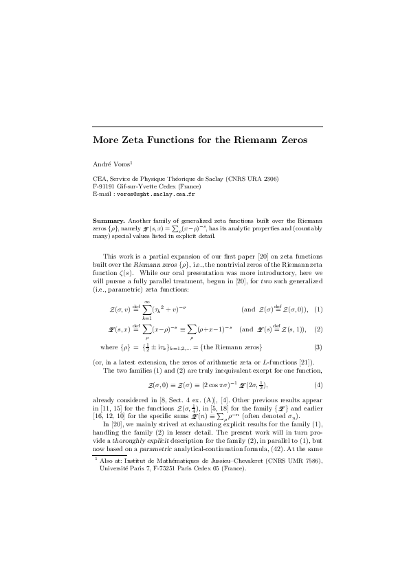 (PDF) More Zeta Functions for the Riemann Zeros | A. Voros - Academia.edu