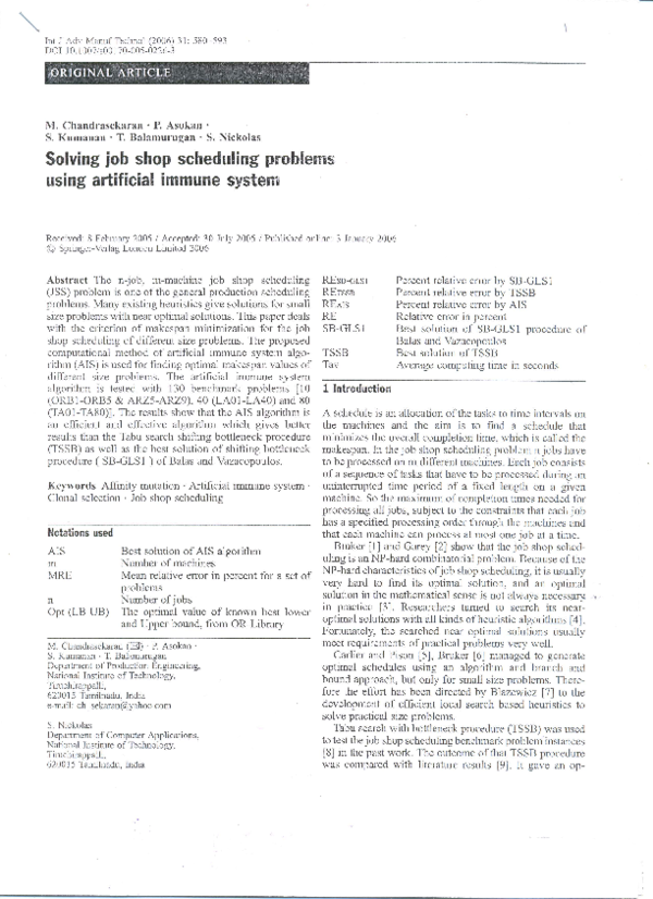 (PDF) Solving job shop scheduling problems using artificial immune system