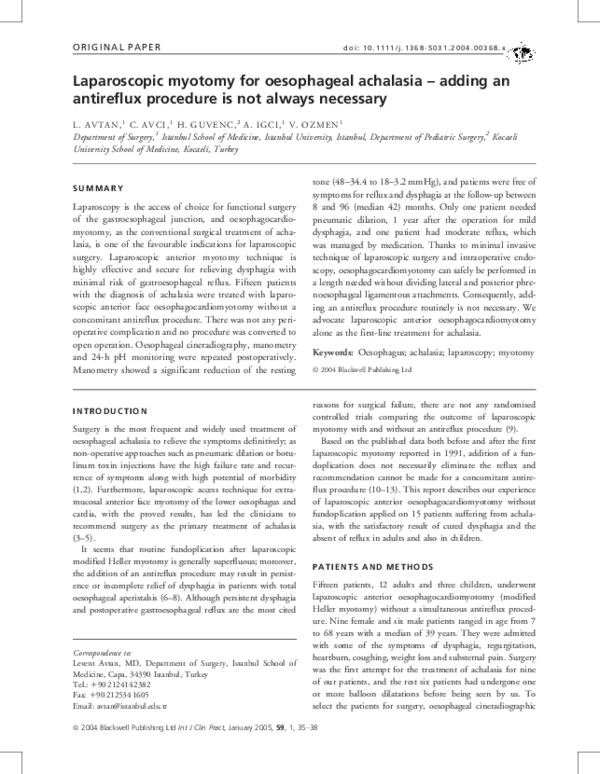 (PDF) Laparoscopic myotomy for oesophageal achalasia ? adding an ...