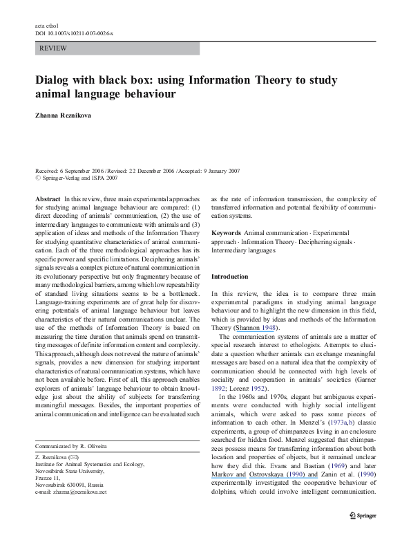 (PDF) Dialog with black box: using Information Theory to study animal ...