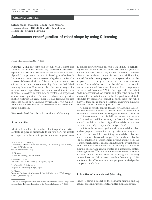 Pdf Autonomous Reconfiguration Of Robot Shape By Using Q Learning