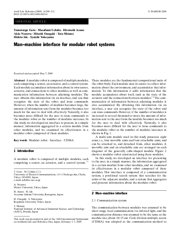 Pdf Man Machine Interface For Modular Robot Systems 