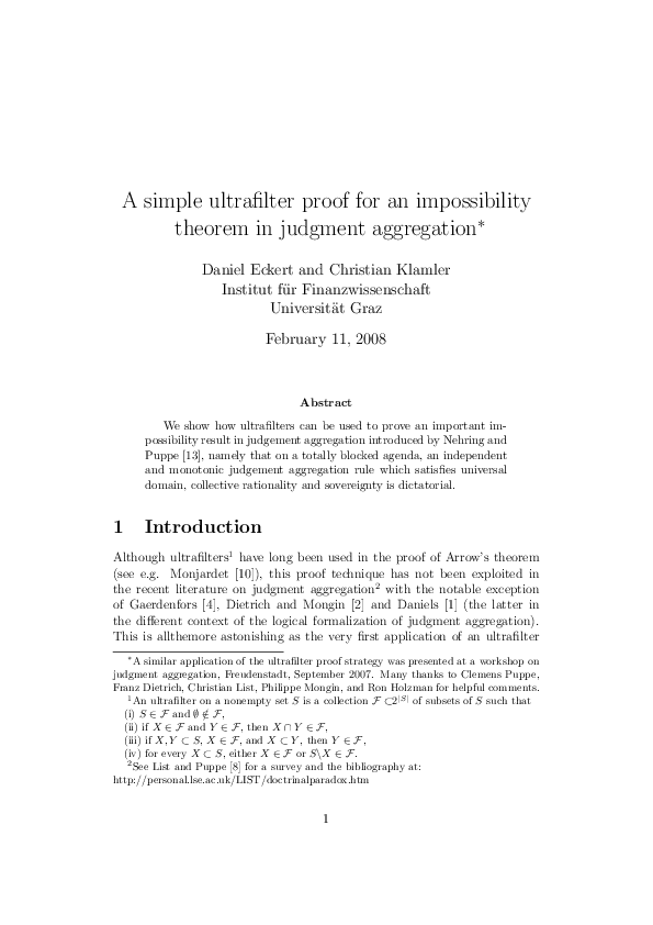 (PDF) A simple ultrafilter proof for an impossibility theorem in judgment aggregation
