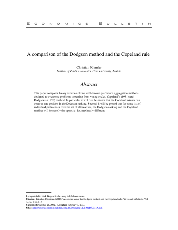 (PDF) A comparison of the Dodgson method and the Copeland rule