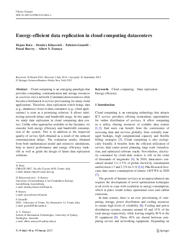 Energy-efficient data replication in cloud computing datacenters