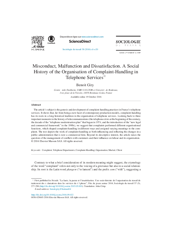 Misconduct, Malfunction and Dissatisfaction. A Social History of the ...