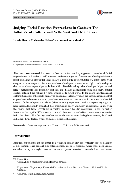 (PDF) Judging Facial Emotion Expressions in Context: The Influence of ...
