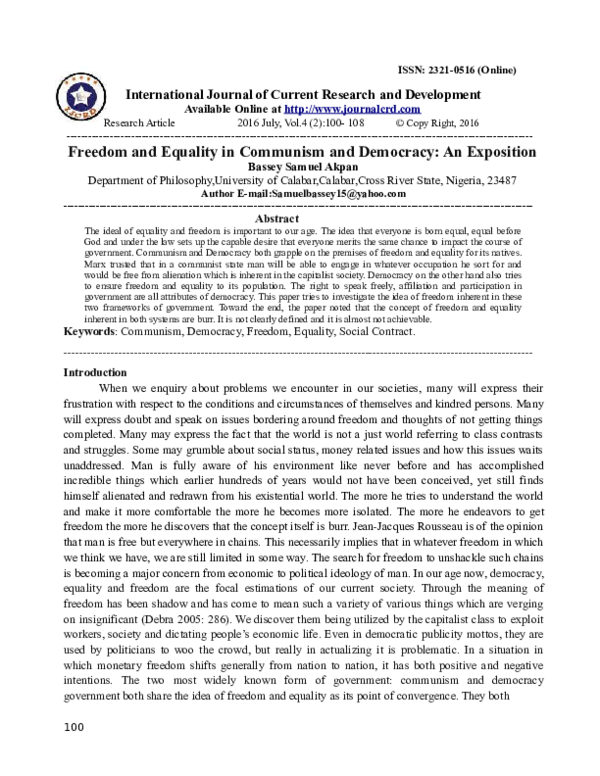 (PDF) Freedom and Equality in Communism and Democracy: An Exposition