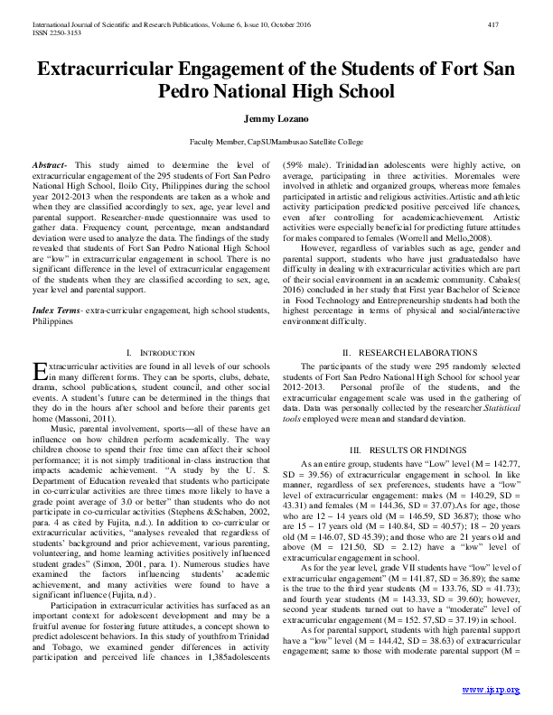 (PDF) Extracurricular Engagement of the Students of Fort San Pedro ...