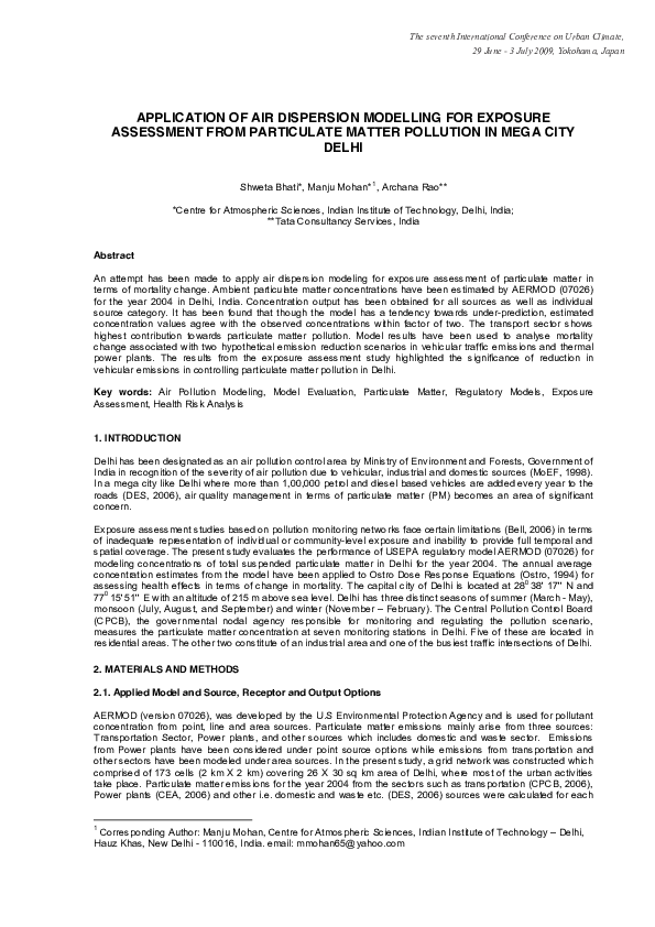 (PDF) APPLICATION OF AIR DISPERSION MODELLING FOR EXPOSURE ASSESSMENT FROM PARTICULATE MATTER ...