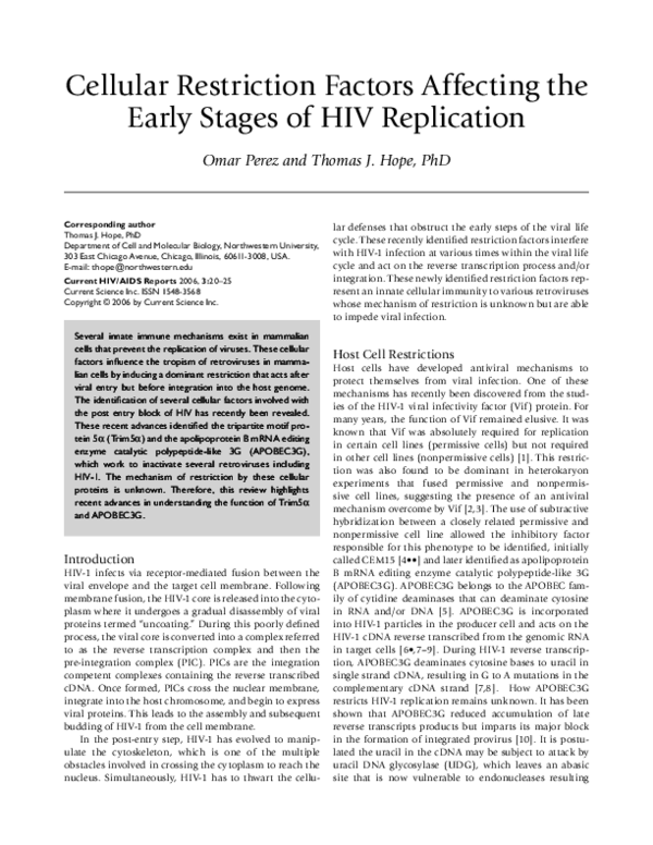 (PDF) Cellular restriction factors affecting the early stages of HIV ...