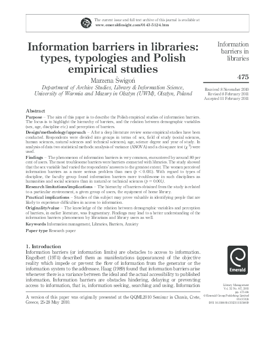 (PDF) Information barriers in libraries: types, typologies and Polish ...