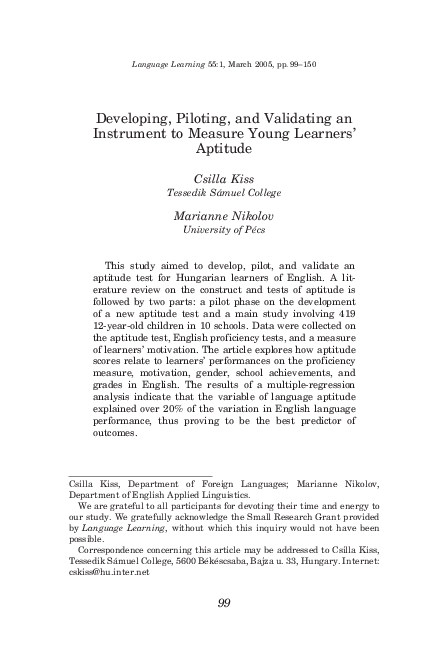 (PDF) Developing, Piloting, and Validating an Instrument to Measure Young Learners' Aptitude