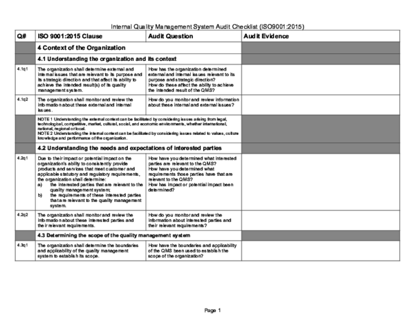 (PDF) Internal Quality Management System Audit Checklist (ISO9001:2015 ...