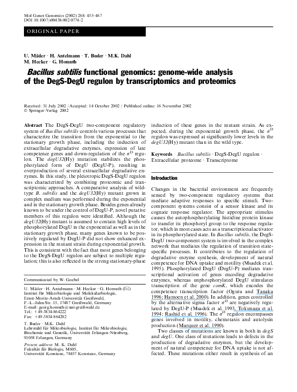 (PDF) Bacillus subtilis functional genomics: genome-wide analysis of ...